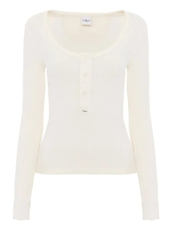 Chloé Cotton Jersey Ribbed Henley Top - Ivory