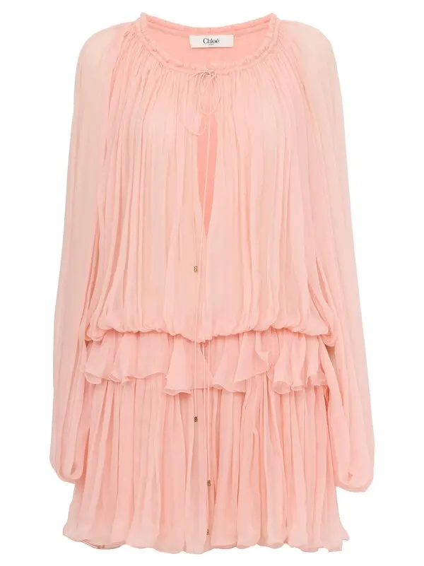 Chloé Tiered Organic Silk Mousseline Mini Dress - Pink