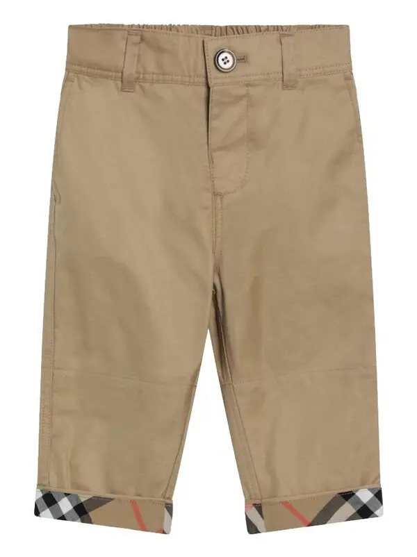 Burberry Twill Trousers With Check Motif Turn-ups - Beige