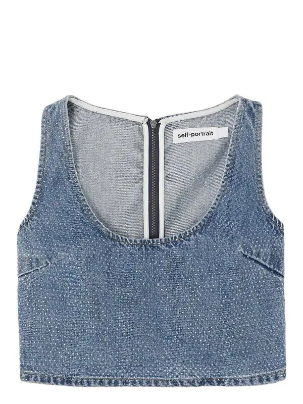 SELF-PORTRAIT Cropped Crystal-embellished Denim Top - Blue