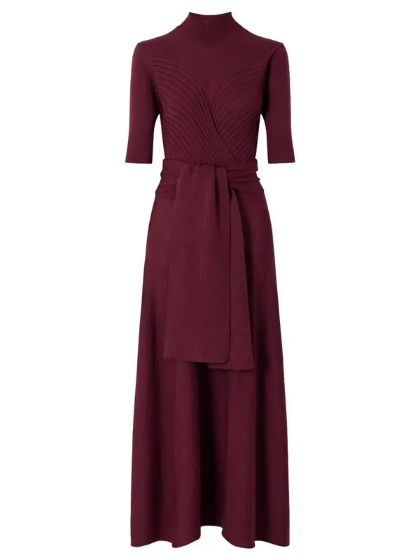 VIOLANTE NESSI Takashi Tie-detailed Ribbed Merino Wool Midi Dress - Burgundy