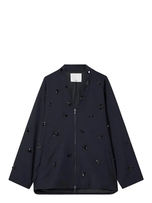 Tibi Tropical Embellished Woven Bomber Jacket - Blue