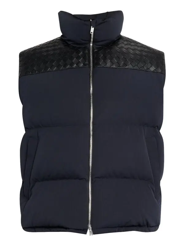Bottega Veneta Tech Puffer Vest With Intrecciato Leather Detail - Midniteblu