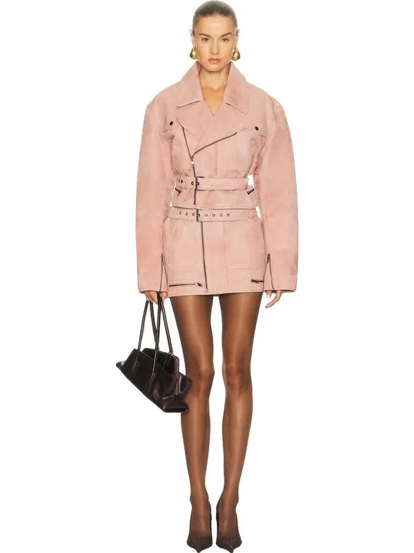 Alex Perry Cropped Suede Biker Jacket - Dusty Rose