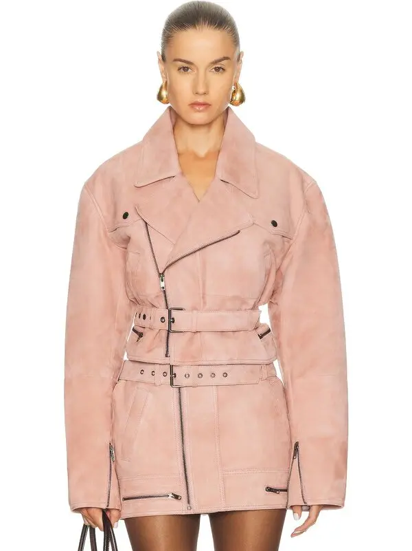 Alex Perry Cropped Suede Biker Jacket - Dusty Rose