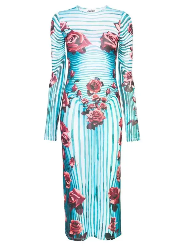 JEAN PAUL GAULTIER Floral Stripe Print Midi Dress - Blue