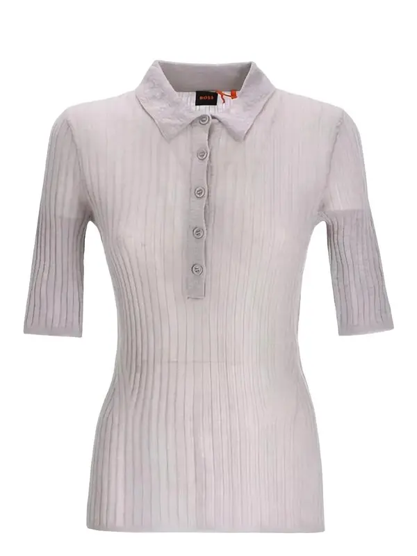 BOSS Ribbed Button Polo Top - Grey
