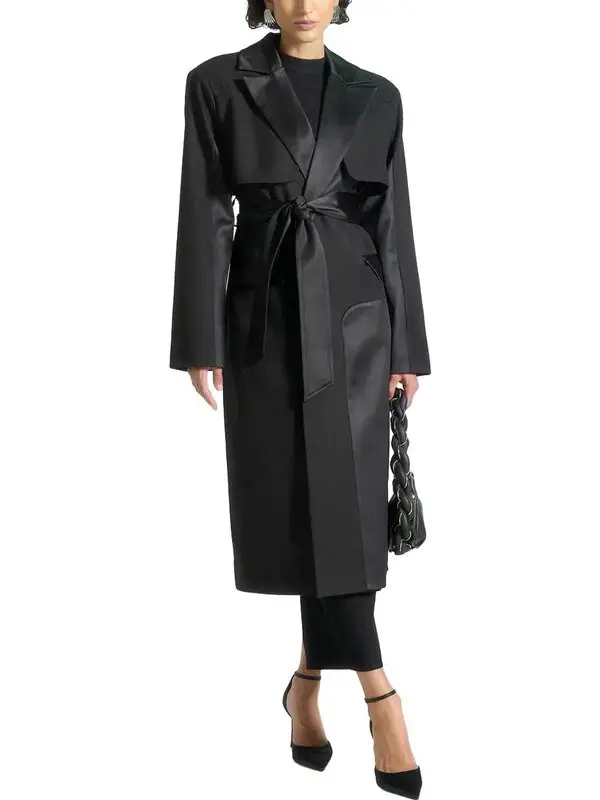 Manière De Voir Belted Satin Tailored Trench Coat - Black