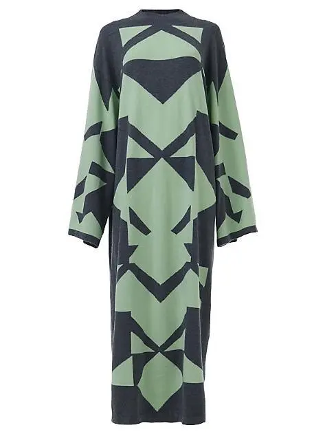 LEEM Geometric-intarsia Knitted Modal And Wool-blend Kaftan Dress - Grey