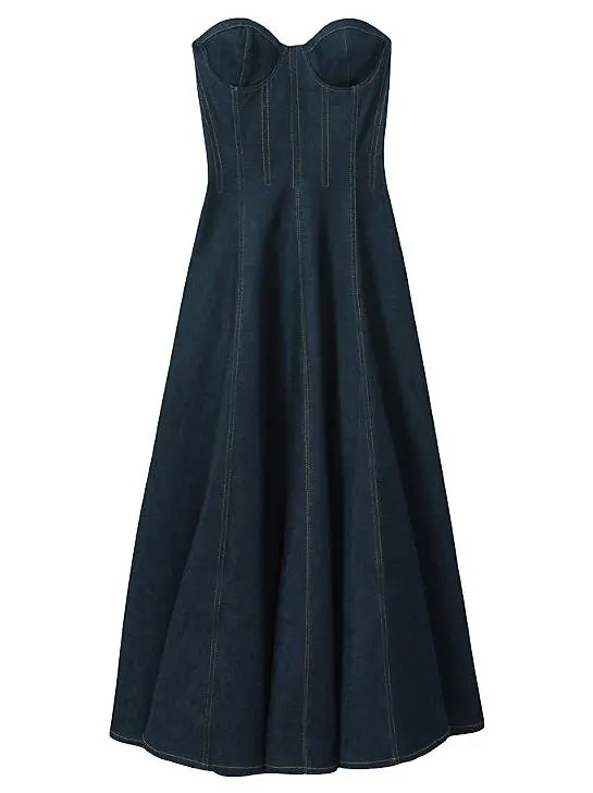 REISS Rosa Strapless Denim Midi Dress - Indigo Blue