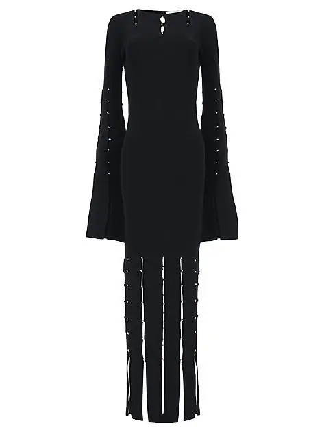 LEEM Ribbed-knit Midi Dress With Metal Embellishments And Fringed Trims - Black