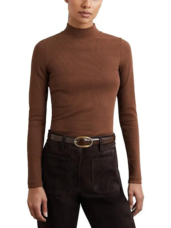 REISS Polly Rib Funnel Neck Top - Brown