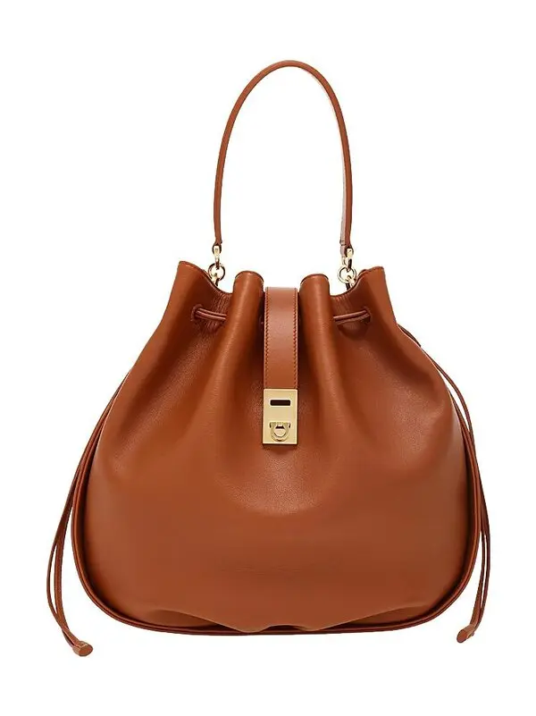 FERRAGAMO Hug Buckle Leather Bucket Bag - Natural