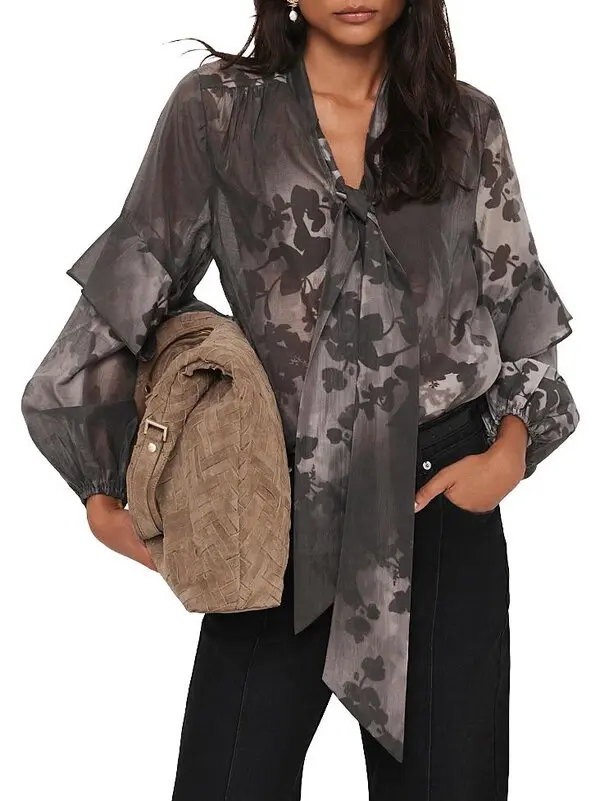 Mint Velvet Floral Tie-neck Sheer Blouse With Ruffle Sleeves - Black