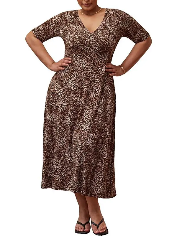 LIVE UNLIMITED Leopard Print Wrap Midi Dress - Brown