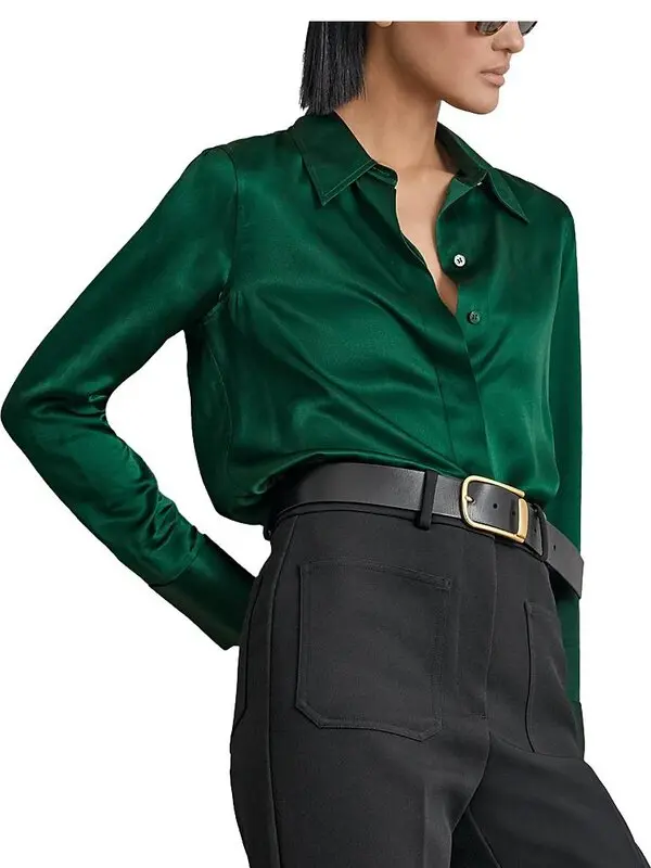 REISS Ameira Silk Satin Shirt - Green