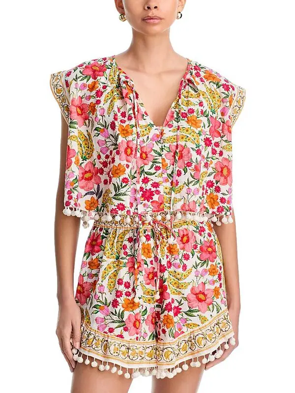 Farm Rio Banana Flowers Tie Neck Top - Off-white