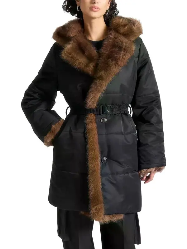 Manière De Voir Faux-fur Trimmed Belted Coat - Black