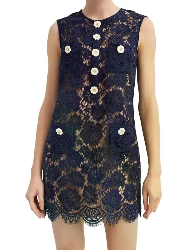 SELF-PORTRAIT Flower-button Lace Mini Dress - Blue