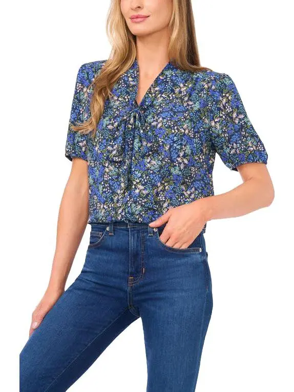 CECE DUPRAZ Floral Shirred Georgette Top - Classic Navy
