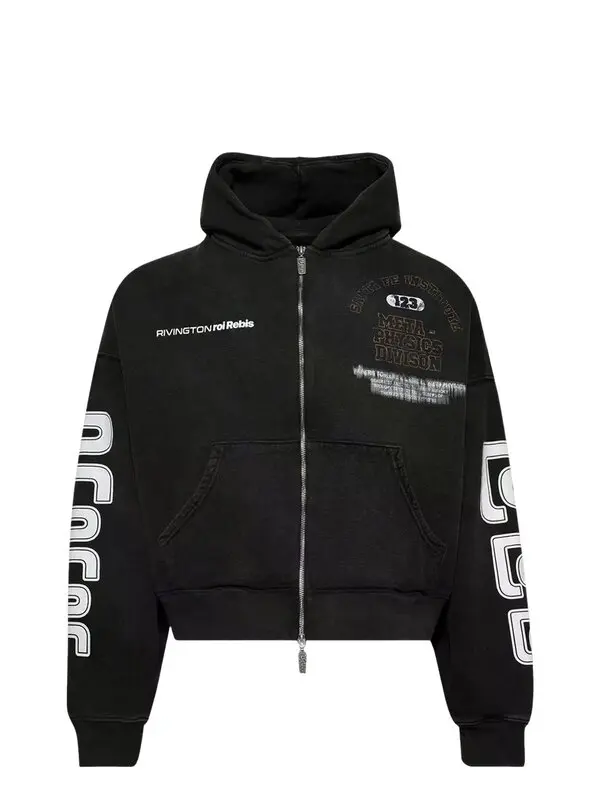 RRR123 Graphic Print Zip-up Hoodie - Black