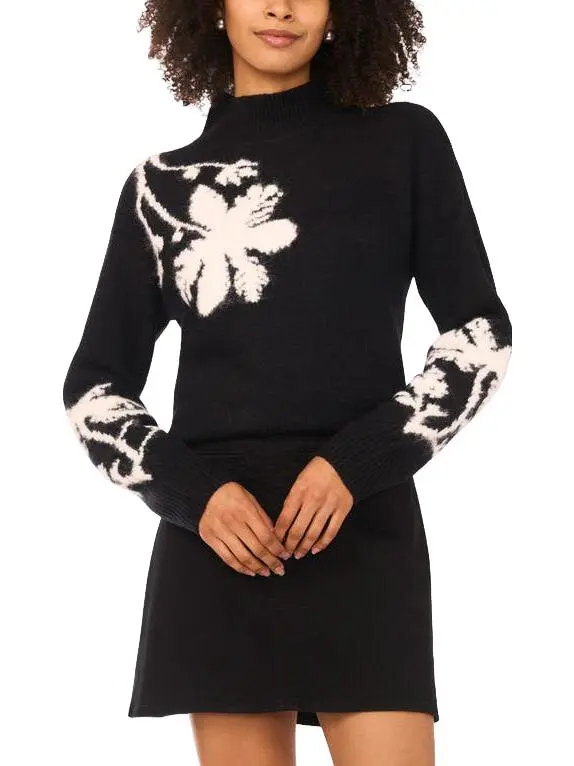 Vince Camuto Floral Mock Neck Sweater - Rich Black