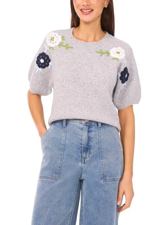 CECE DUPRAZ Floral Embroidered Short Sleeve Sweater - Light Heather Grey