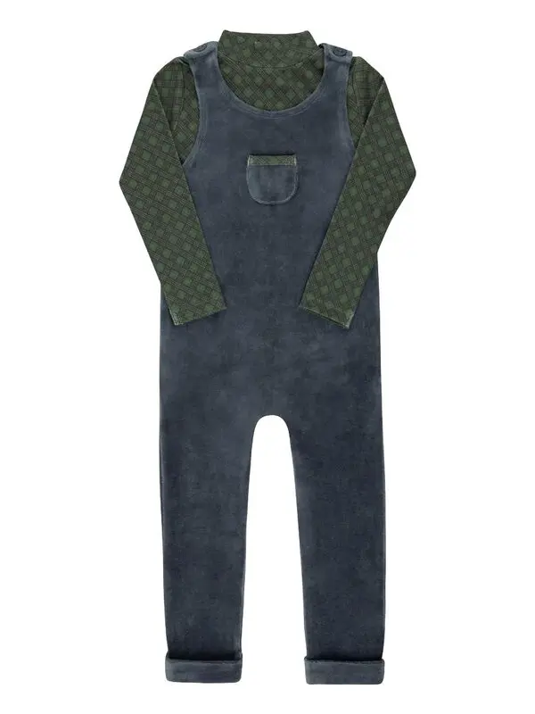 ELY'S & CO. Velour Plaid Bear Collection Overalls And Turtleneck - Blue