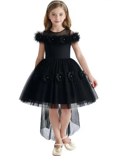 TULLEEN Feather-trimmed Bow Dress - Black