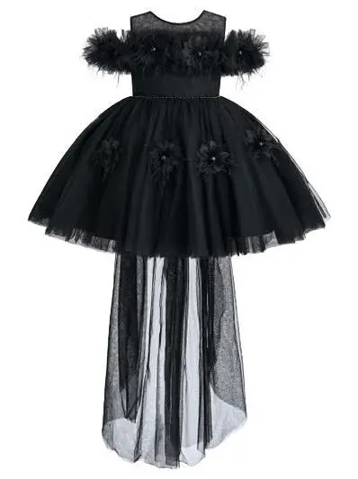 TULLEEN Feather-trimmed Bow Dress - Black