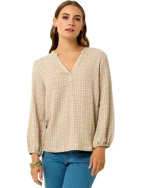 SINGLE STITCH Plaid V-neck Peasant Blouse - Cream Plaid