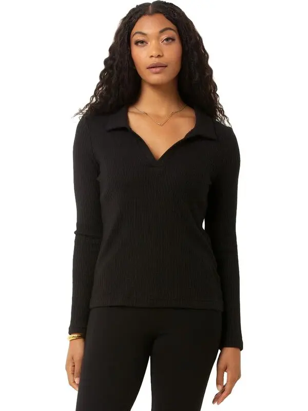 SINGLE STITCH Classic Ribbed V-neck Sweater With Collar - Black