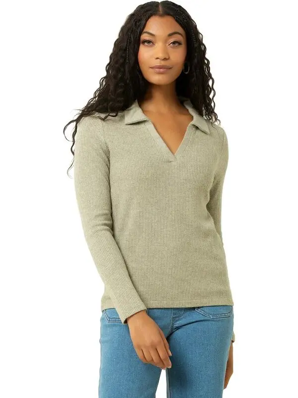 SINGLE STITCH Classic Ribbed V-neck Sweater With Collar - Sage
