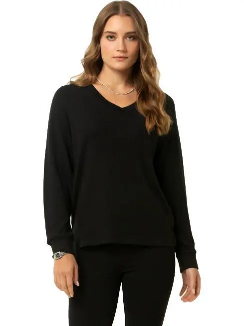 SINGLE STITCH Ribbed V-neck Sweater - Black