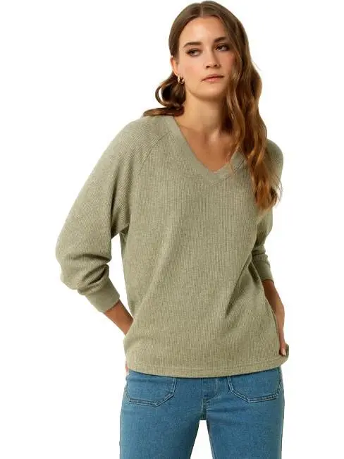 SINGLE STITCH Ribbed V-neck Sweater - Sage