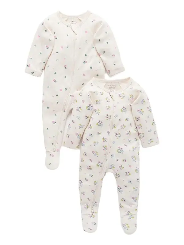 PUREBABY 2-pack Printed Zip Footies - Cherry Blossom Print