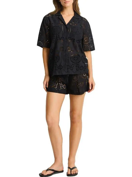 SEA LEVEL Ibiza Cotton Eyelet Cover-up Bowling Shirt - Black