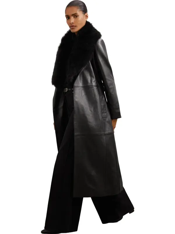 REISS Estee Leather Trench Coat With Shearling Collar - Black