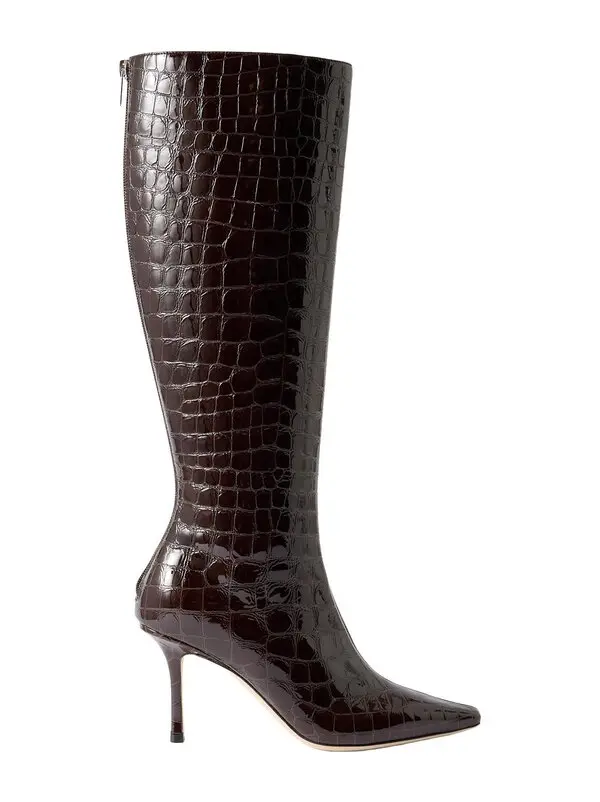 JIMMY CHOO Agathe 85 Croc-effect Leather Knee Boots - Brown