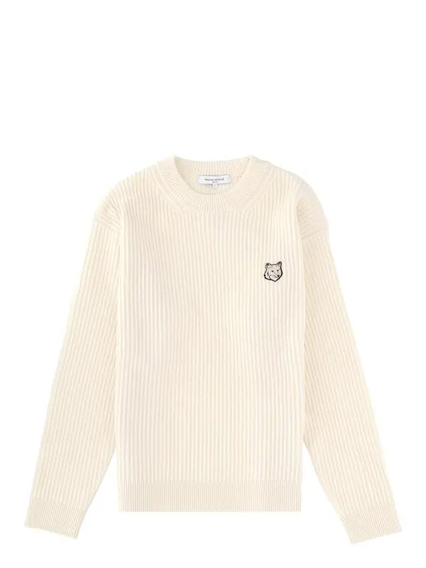 Maison Kitsuné Ribbed Knit Sweater With Fox Patch - Powder