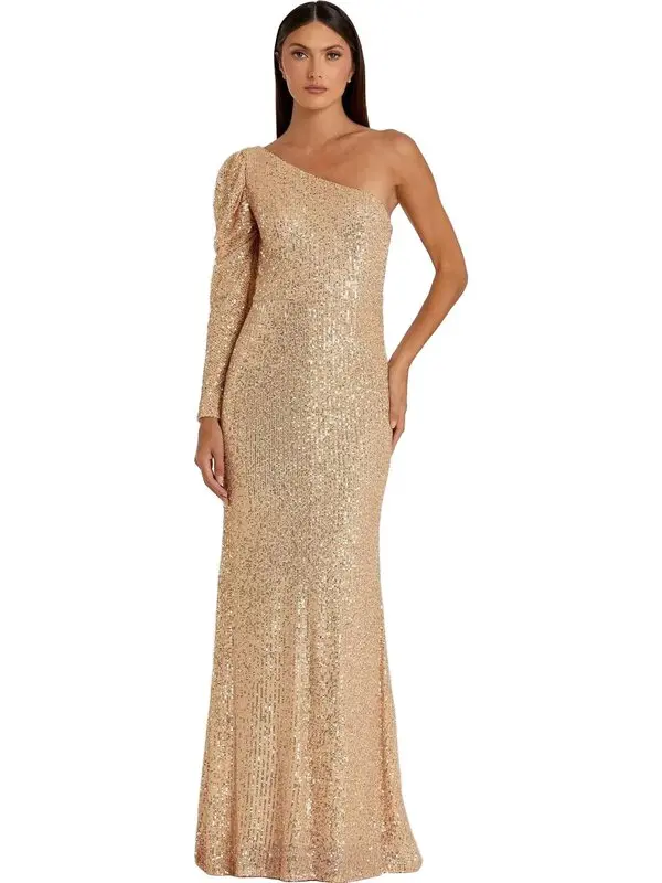 Mac Duggal Sequin One-shoulder Trumpet Gown - Gold