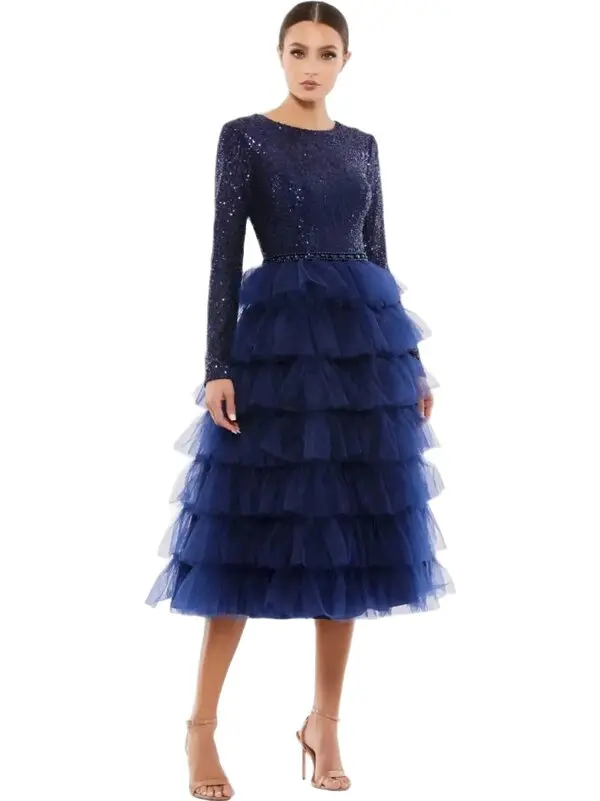 Mac Duggal Long Sleeve Ruffle Tiered Midi Dress - Navy