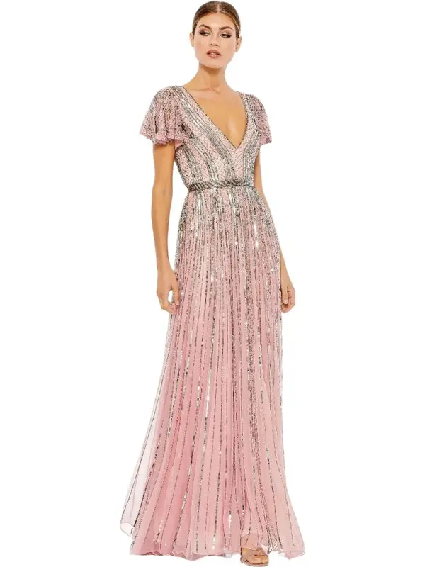 Mac Duggal Stripe Sequin V-neck Gown - Pink