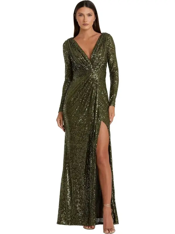 Mac Duggal Sequin Evening Gown With Slit - Green