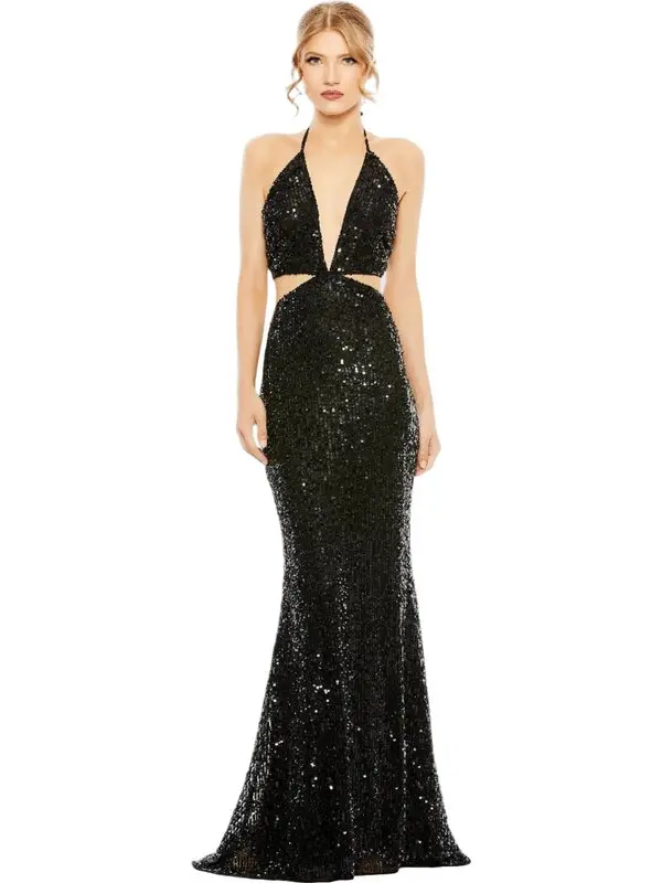 Mac Duggal Sequin Halter Gown With Cut Outs And Tie Back - Black