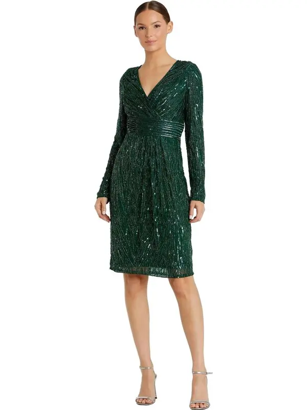 Mac Duggal Long Sleeve Embellished Cocktail Dress - Green