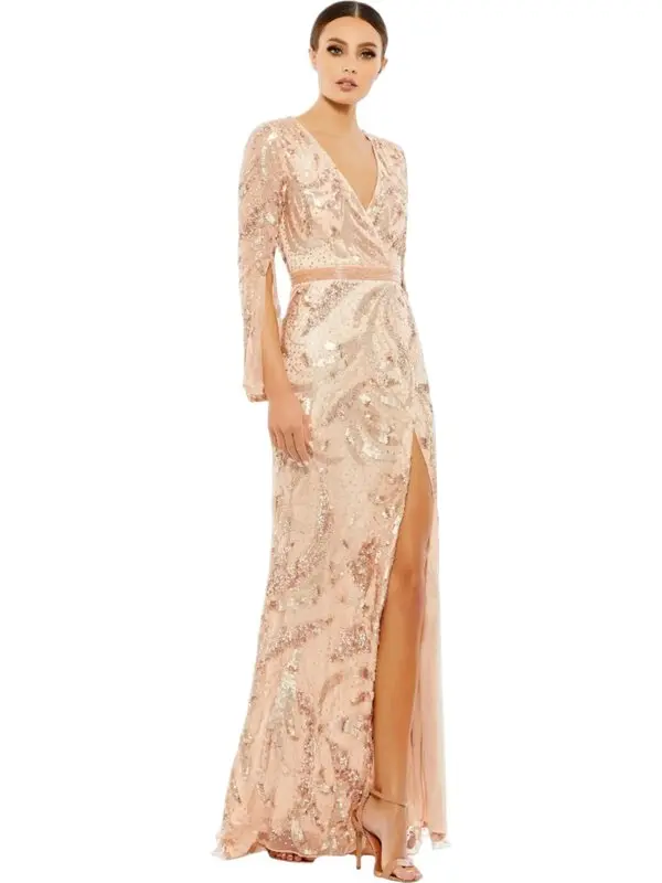 Mac Duggal Sequined Faux Wrap Long Sleeve Gown - Pink