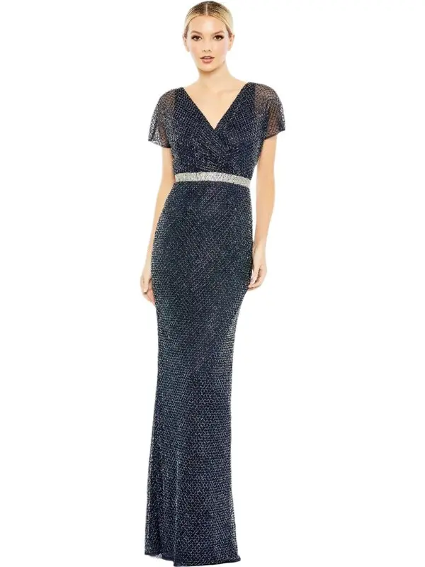 Mac Duggal Beaded Short Sleeve Column Gown - Navy