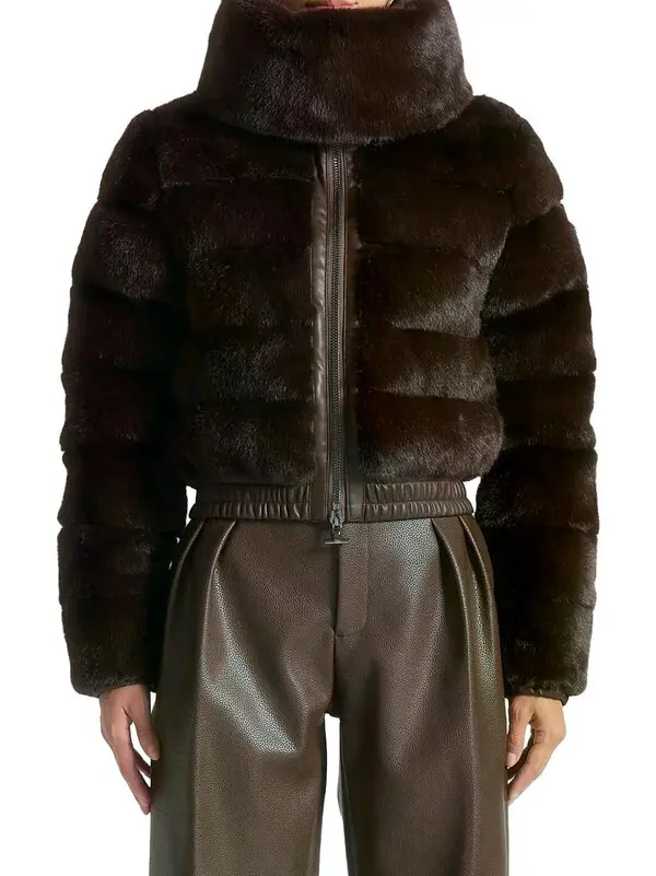 Manière De Voir Ribbed Faux-fur Jacket With Detachable Scarf - Brown