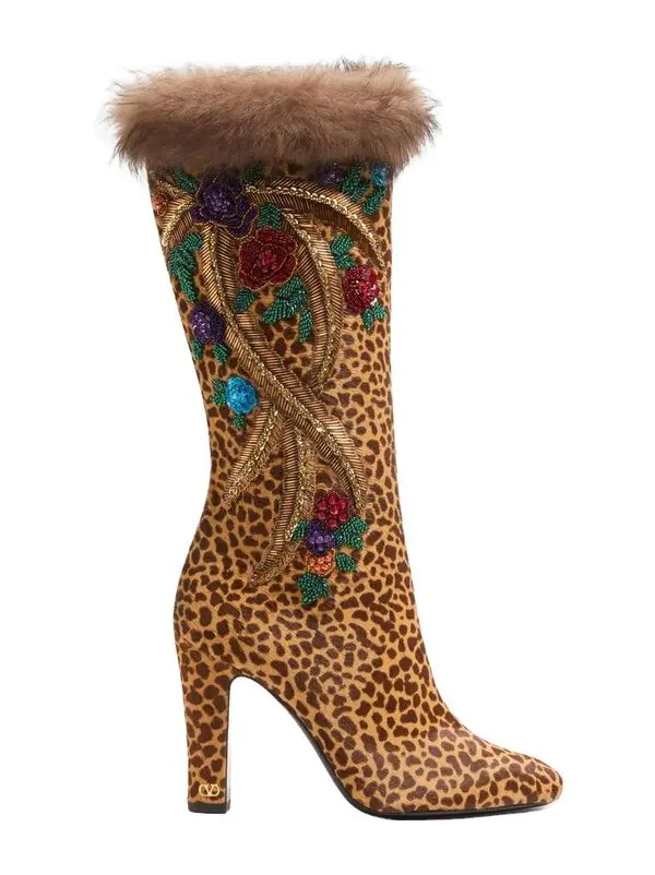 Valentino Garavani Hotty Boot In Pony-effect Calfskin With Floral Embroidery And Fur - Animal Print